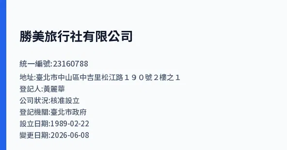 勝美旅行社有限公司的照片-統編 23160788(臺北市) 公司登記資料與營業項目詳細圖表