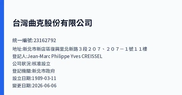 台灣曲克股份有限公司的照片-統編 23162792(新北市) 公司登記資料與營業項目詳細圖表