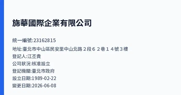 旆華國際企業有限公司的照片-統編 23162815(臺北市) 公司登記資料與營業項目詳細圖表