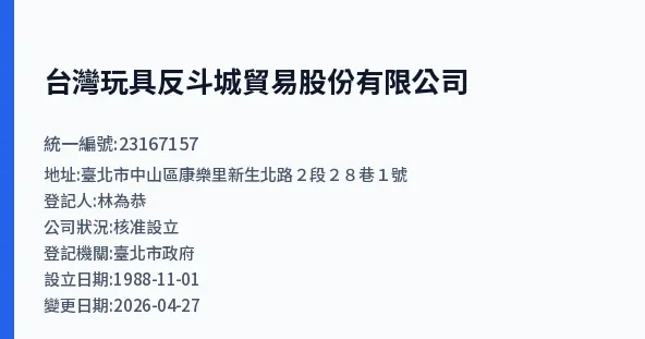 台灣玩具反斗城貿易股份有限公司的照片-統編 23167157(臺北市) 公司登記資料與營業項目詳細圖表