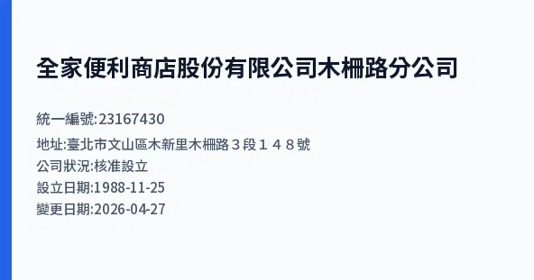 全家便利商店股份有限公司木柵路分公司的照片-統編 23167430(臺北市) 公司登記資料與營業項目詳細圖表