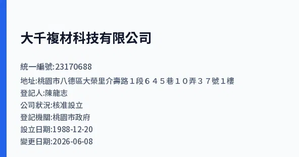 大千複材科技有限公司的照片-統編 23170688(桃園市) 公司登記資料與營業項目詳細圖表