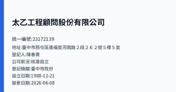太乙工程顧問股份有限公司的照片-統編 23172139(臺中市) 公司登記資料與營業項目詳細圖表