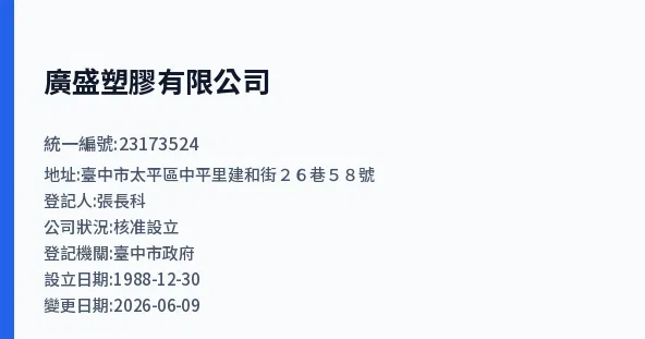 廣盛塑膠有限公司的照片-統編 23173524(臺中市) 公司登記資料與營業項目詳細圖表