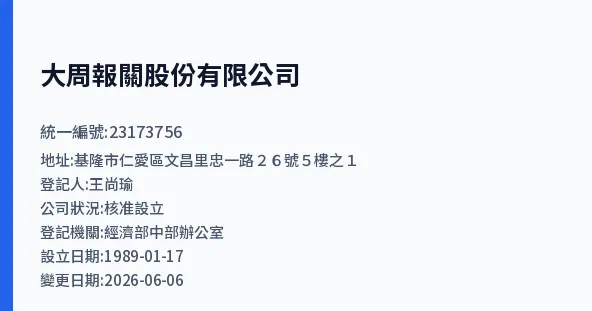 大周報關股份有限公司的照片-統編 23173756(基隆市) 公司登記資料與營業項目詳細圖表