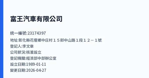富王汽車有限公司的照片-統編 23174397(彰化縣) 公司登記資料與營業項目詳細圖表