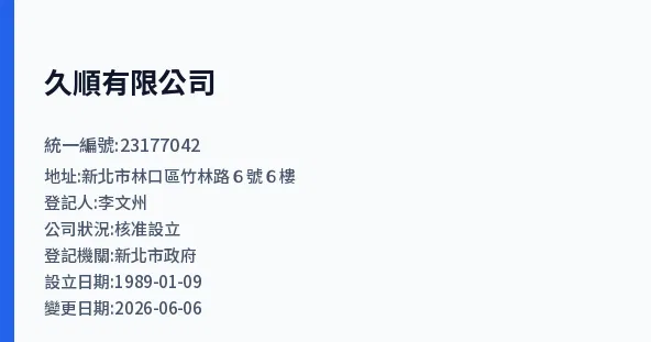 久順有限公司的照片-統編 23177042(新北市) 公司登記資料與營業項目詳細圖表