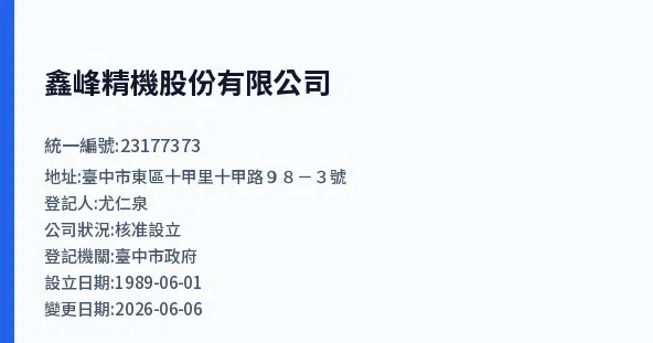 鑫峰精機股份有限公司的照片-統編 23177373(臺中市) 公司登記資料與營業項目詳細圖表