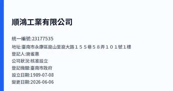 順鴻工業有限公司的照片-統編 23177535(臺南市) 公司登記資料與營業項目詳細圖表