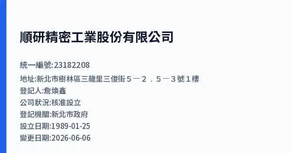 順研精密工業股份有限公司的照片-統編 23182208(新北市) 公司登記資料與營業項目詳細圖表