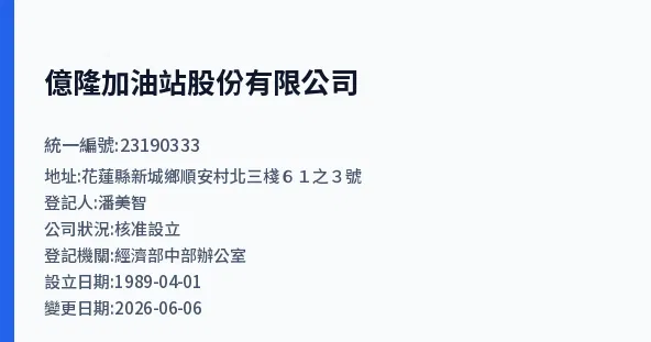 億隆加油站股份有限公司的照片-統編 23190333(花蓮縣) 公司登記資料與營業項目詳細圖表