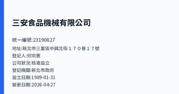 三安食品機械有限公司的照片-統編 23190827(新北市) 公司登記資料與營業項目詳細圖表