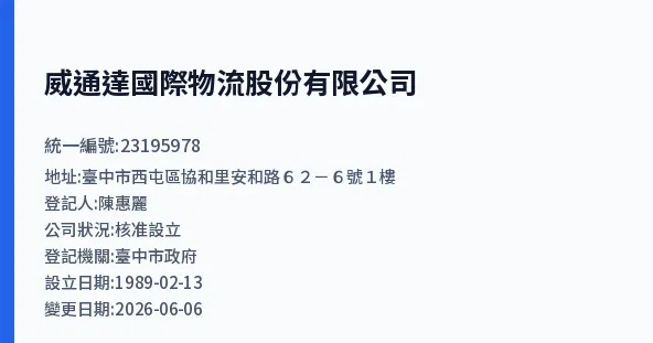 威通達國際物流股份有限公司的照片-統編 23195978(臺中市) 公司登記資料與營業項目詳細圖表