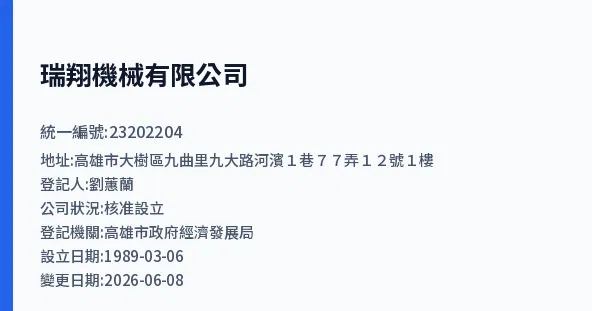 瑞翔機械有限公司的照片-統編 23202204(高雄市) 公司登記資料與營業項目詳細圖表