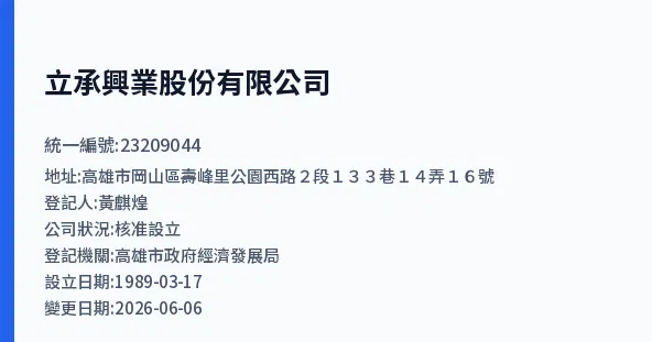 立承興業股份有限公司的照片-統編 23209044(高雄市) 公司登記資料與營業項目詳細圖表