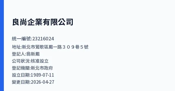 良尚企業有限公司的照片-統編 23216024(新北市) 公司登記資料與營業項目詳細圖表