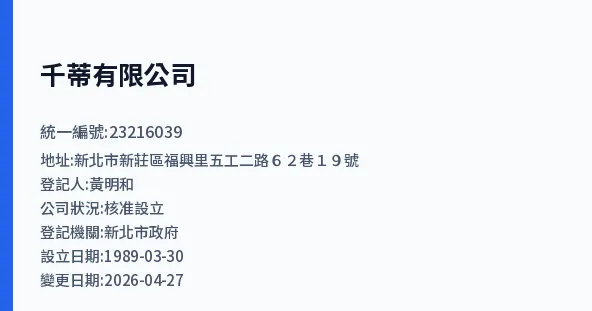 千蒂有限公司的照片-統編 23216039(新北市) 公司登記資料與營業項目詳細圖表
