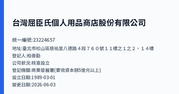 台灣屈臣氏個人用品商店股份有限公司的照片-統編 23224657(臺北市) 公司登記資料與營業項目詳細圖表