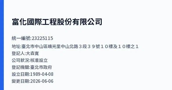 富化國際工程股份有限公司的照片-統編 23225115(臺北市) 公司登記資料與營業項目詳細圖表