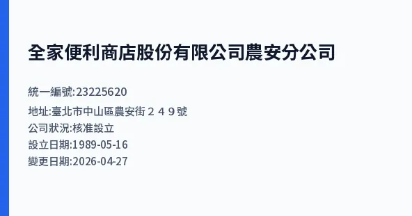 全家便利商店股份有限公司農安分公司的照片-統編 23225620(臺北市) 公司登記資料與營業項目詳細圖表
