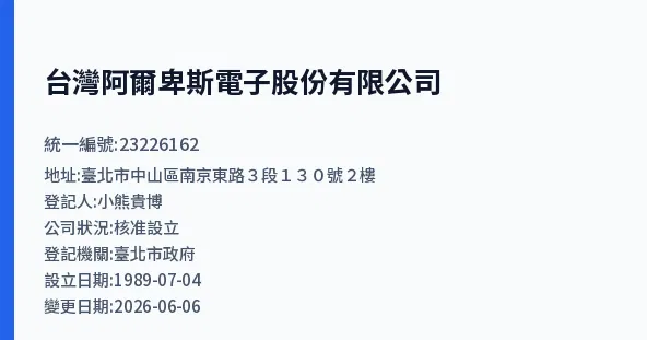 台灣阿爾卑斯電子股份有限公司的照片-統編 23226162(臺北市) 公司登記資料與營業項目詳細圖表