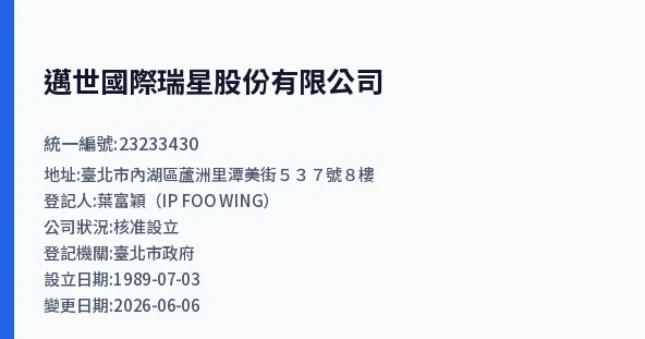 邁世國際瑞星股份有限公司的照片-統編 23233430(臺北市) 公司登記資料與營業項目詳細圖表