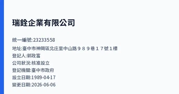 瑞銓企業有限公司的照片-統編 23233558(臺中市) 公司登記資料與營業項目詳細圖表