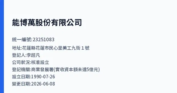 能博萬股份有限公司的照片-統編 23251083(花蓮縣) 公司登記資料與營業項目詳細圖表