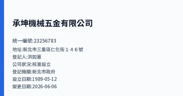 承坤機械五金有限公司的照片-統編 23256783(新北市) 公司登記資料與營業項目詳細圖表