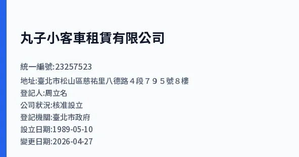 丸子小客車租賃有限公司的照片-統編 23257523(臺北市) 公司登記資料與營業項目詳細圖表