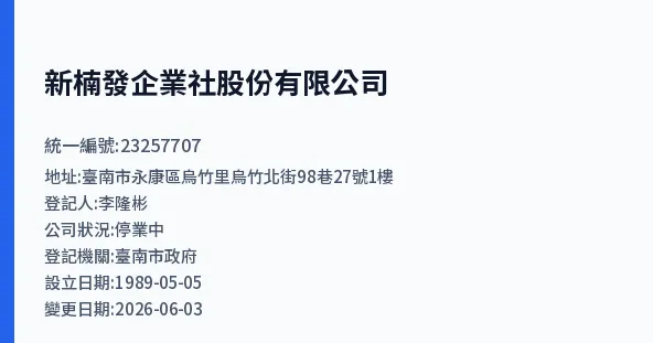 新楠發企業社股份有限公司的照片-統編 23257707(臺南市) 公司登記資料與營業項目詳細圖表