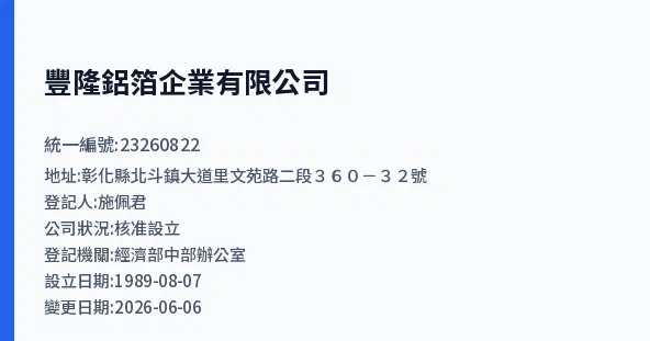 豐隆鋁箔企業有限公司的照片-統編 23260822(彰化縣) 公司登記資料與營業項目詳細圖表