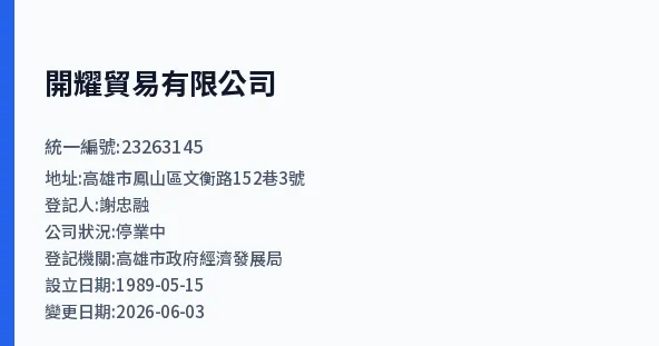 開耀貿易有限公司的照片-統編 23263145(高雄市) 公司登記資料與營業項目詳細圖表