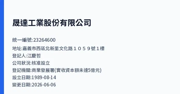 晟達工業股份有限公司的照片-統編 23264600(嘉義市) 公司登記資料與營業項目詳細圖表
