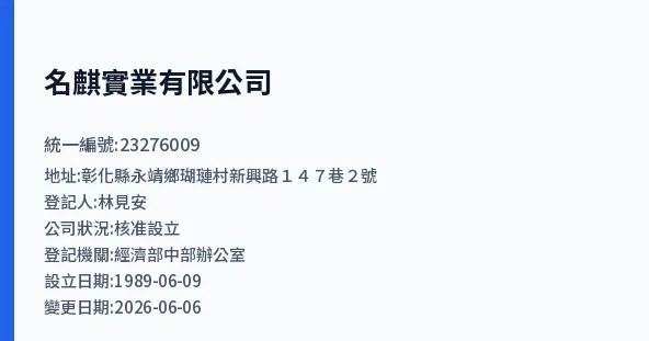 名麒實業有限公司的照片-統編 23276009(彰化縣) 公司登記資料與營業項目詳細圖表