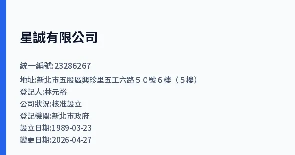 星誠有限公司的照片-統編 23286267(新北市) 公司登記資料與營業項目詳細圖表
