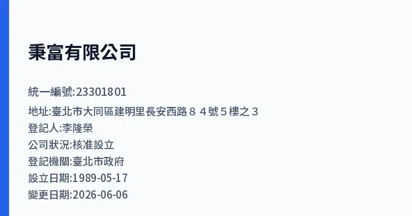 秉富有限公司的照片-統編 23301801(臺北市) 公司登記資料與營業項目詳細圖表