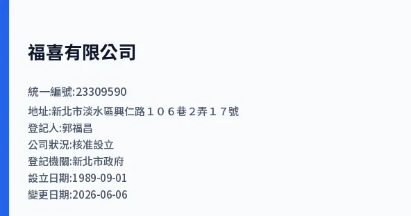 福喜有限公司的照片-統編 23309590(新北市) 公司登記資料與營業項目詳細圖表