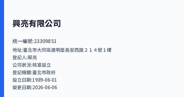 興亮有限公司的照片-統編 23309851(臺北市) 公司登記資料與營業項目詳細圖表