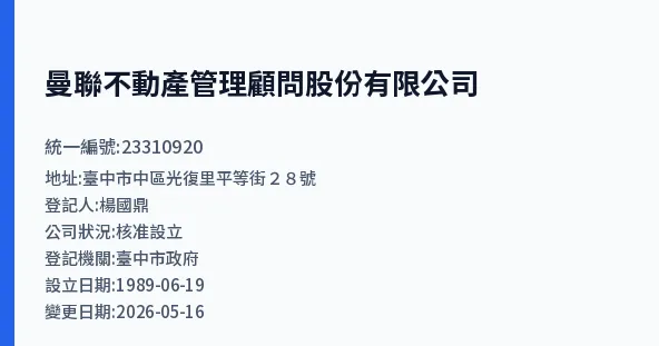 曼聯不動產管理顧問股份有限公司的照片-統編 23310920(臺中市) 公司登記資料與營業項目詳細圖表