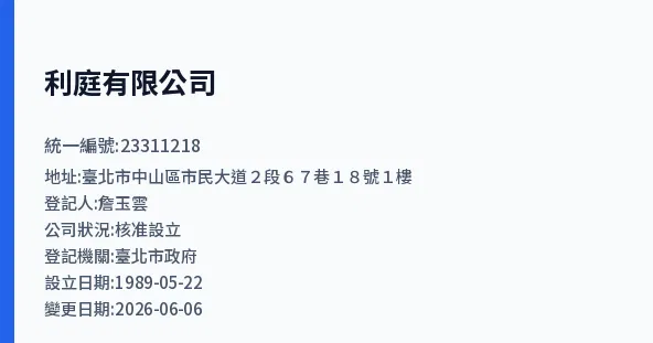 利庭有限公司的照片-統編 23311218(臺北市) 公司登記資料與營業項目詳細圖表