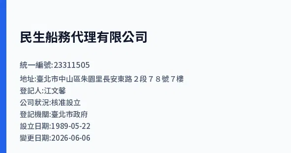 民生船務代理有限公司的照片-統編 23311505(臺北市) 公司登記資料與營業項目詳細圖表