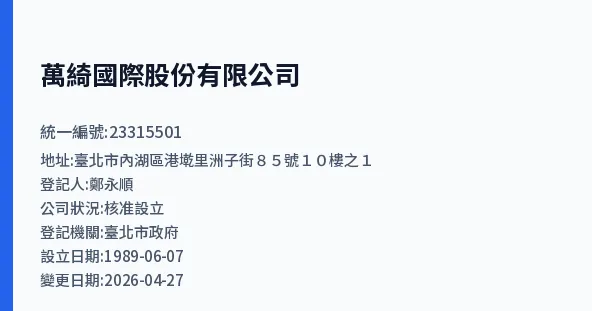 萬綺國際股份有限公司的照片-統編 23315501(臺北市) 公司登記資料與營業項目詳細圖表