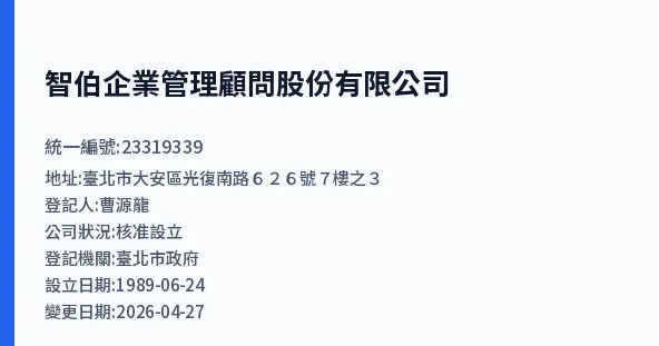 智伯企業管理顧問股份有限公司的照片-統編 23319339(臺北市) 公司登記資料與營業項目詳細圖表