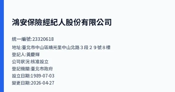 鴻安保險經紀人股份有限公司的照片-統編 23320618(臺北市) 公司登記資料與營業項目詳細圖表