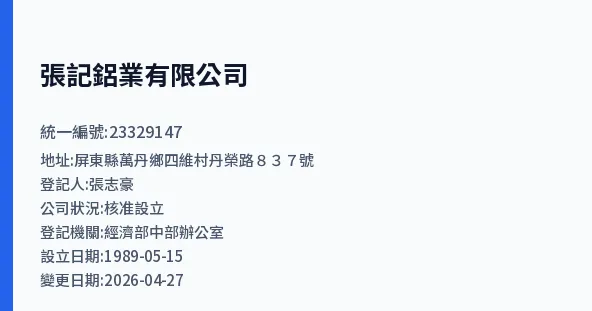 張記鋁業有限公司的照片-統編 23329147(屏東縣) 公司登記資料與營業項目詳細圖表