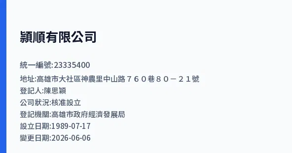 頴順有限公司的照片-統編 23335400(高雄市) 公司登記資料與營業項目詳細圖表