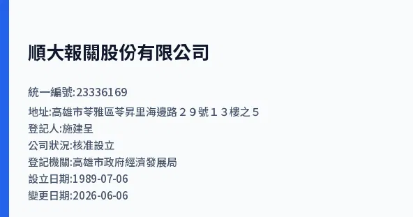 順大報關股份有限公司的照片-統編 23336169(高雄市) 公司登記資料與營業項目詳細圖表