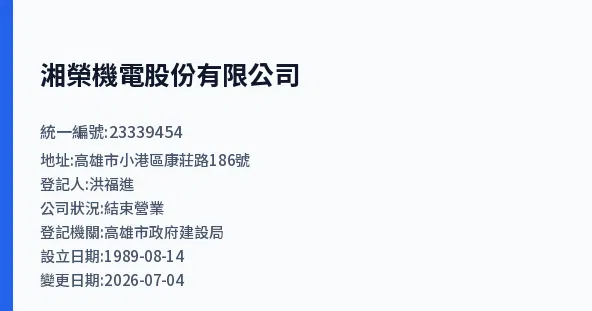 湘榮機電股份有限公司的照片-統編 23339454(高雄市) 公司登記資料與營業項目詳細圖表