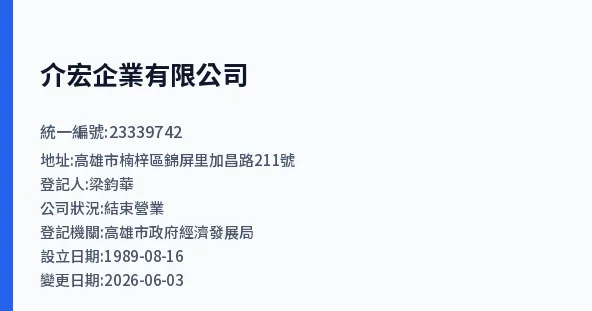 介宏企業有限公司的照片-統編 23339742(高雄市) 公司登記資料與營業項目詳細圖表